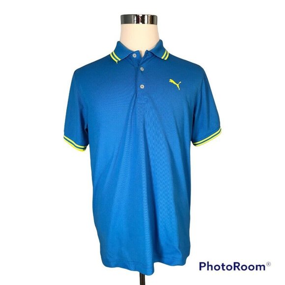 Puma | Shirts | Puma Mens Polo Shirt M Medium Solid Blue Yellow Logo ...